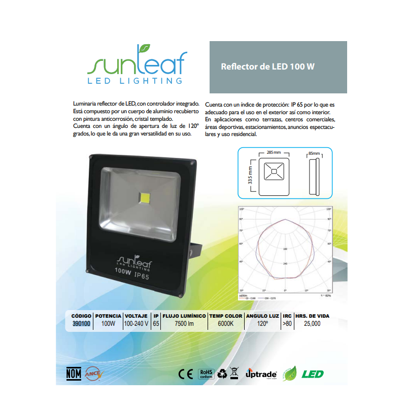 REFLECTOR LED 100W 100-240V LUZ FRÍA SUNLEAF